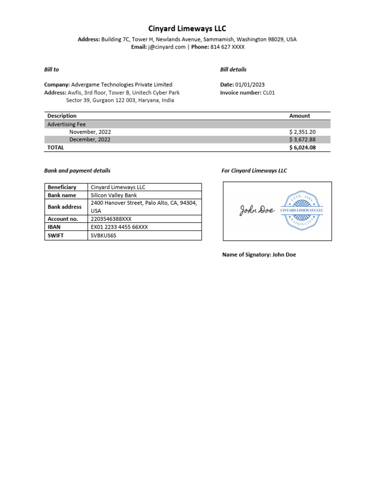 Cinyard Limeways LLC Invoice Details | PDF