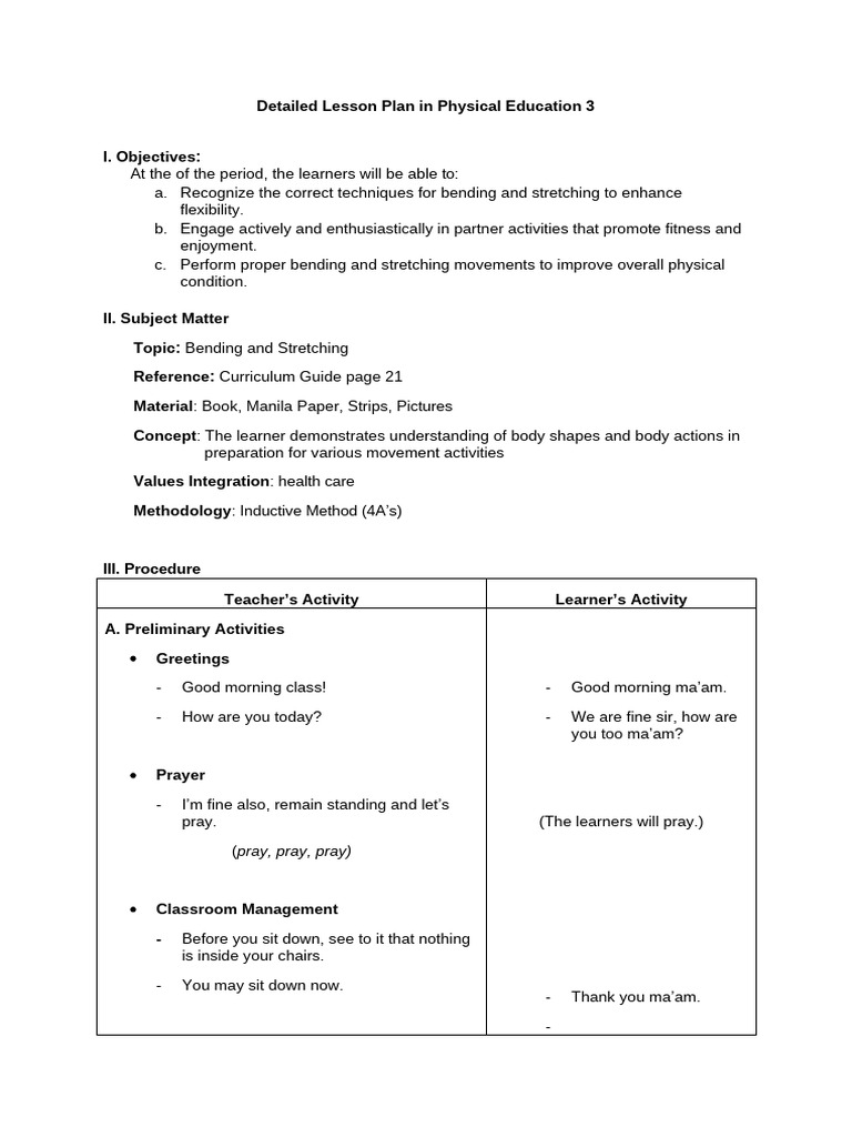 4a's Lesson Plan in PE 3 (Bending and Stretching) | PDF | Lesson Plan ...