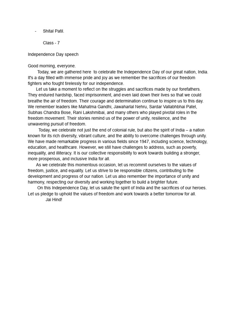 Independence Day Speech for Class 7 | PDF