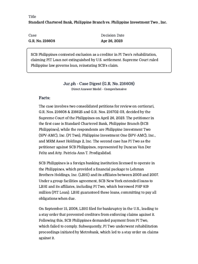 Case Digest - G.R. No. 216608 - Standard Chartered Bank, Philippine Branch vs. Philippine ...