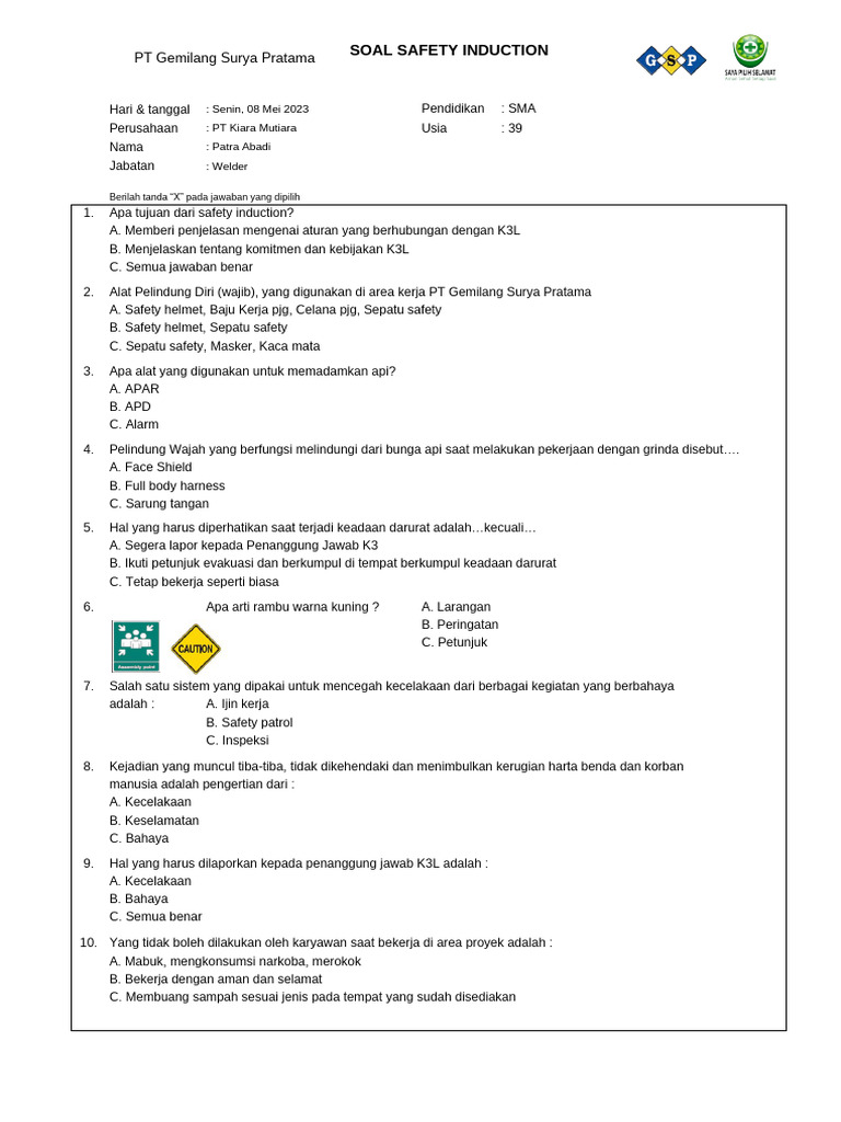 Contoh Soal Safety Induction K3L | PDF