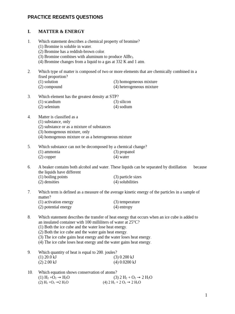 Regents Chemistry Practice Questions | PDF | Atoms | Radioactive Decay