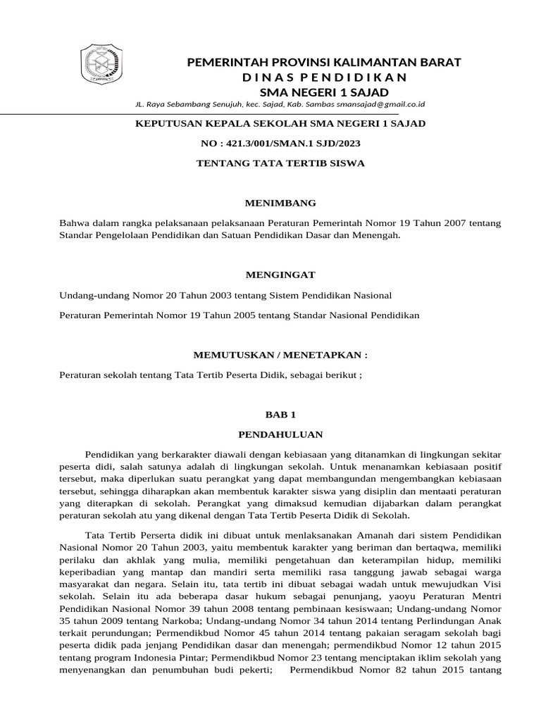 Tata Tertib Siswa SMA Negeri 1 Sajad | PDF