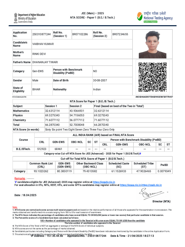 JEE Main 2025 Scorecard for Vaibhav Kumar | PDF | Tests | Student ...
