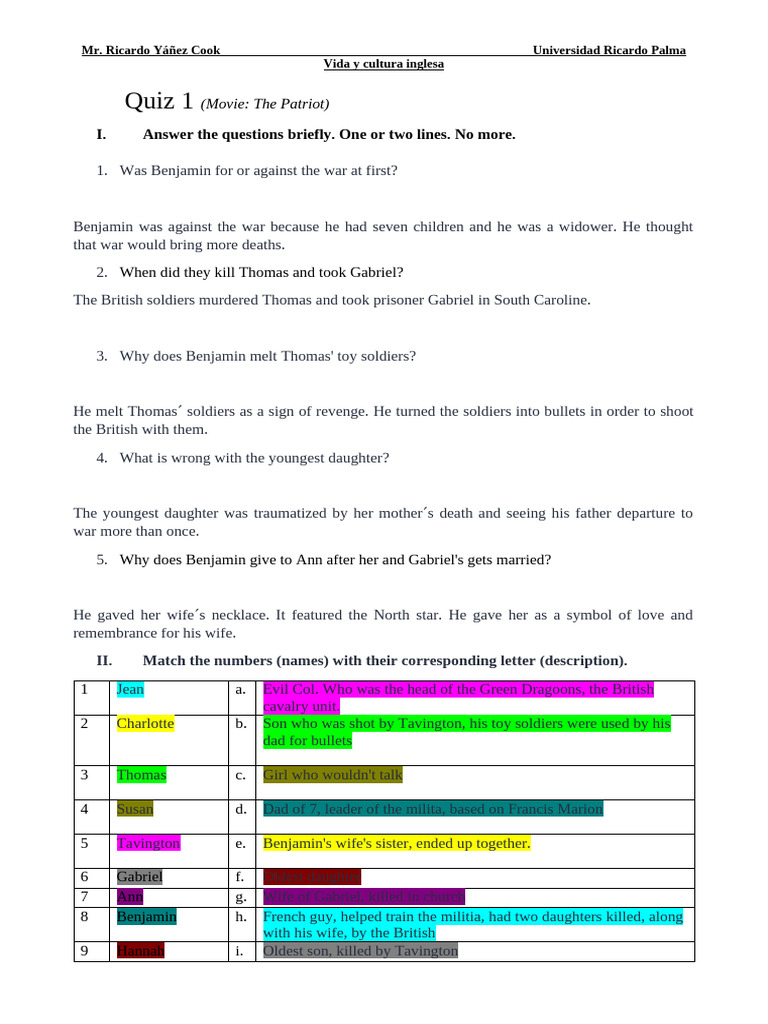 The Patriot Quiz Overview and Answers | PDF