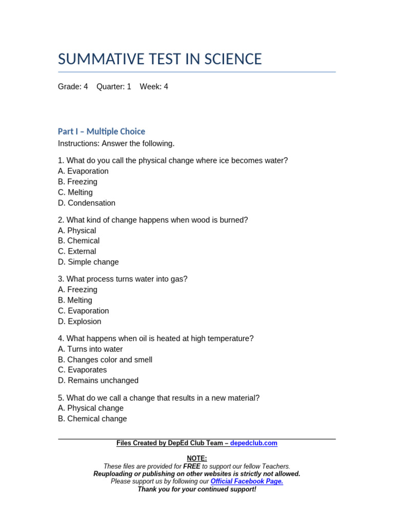 Grade 4 Science Summative Test | PDF | Water | Evaporation