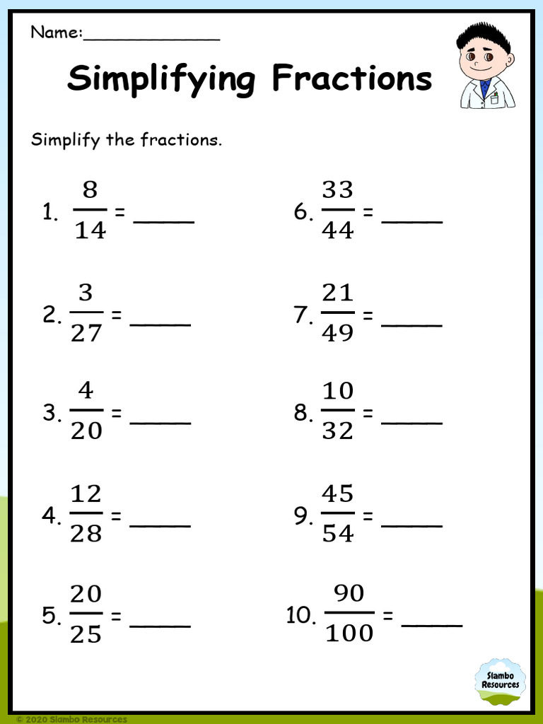 Grade 5 Simplifying Fractions Worksheet | PDF