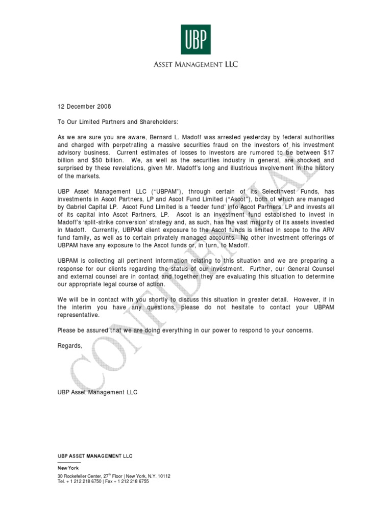 UBP Asset Management Response to Madoff Fraud | PDF | Financial Markets ...