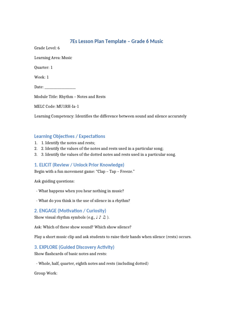 7es Lesson Plan Grade6 Music | PDF | Rhythm | Lesson Plan