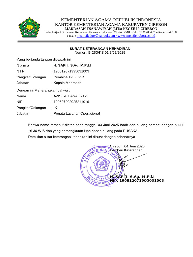 Surat Keterangan Lupa Absen Dian Pusaka 03 Juni 2025 | PDF