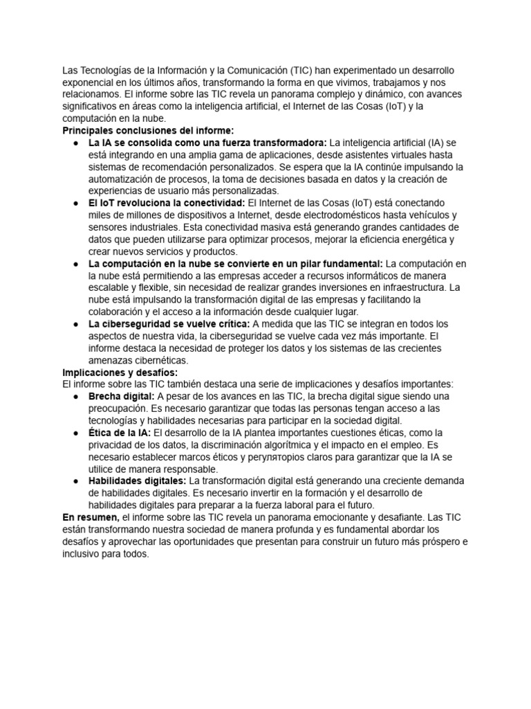 Conclusión Sobre Informe de Las Tics | PDF | Inteligencia artificial ...