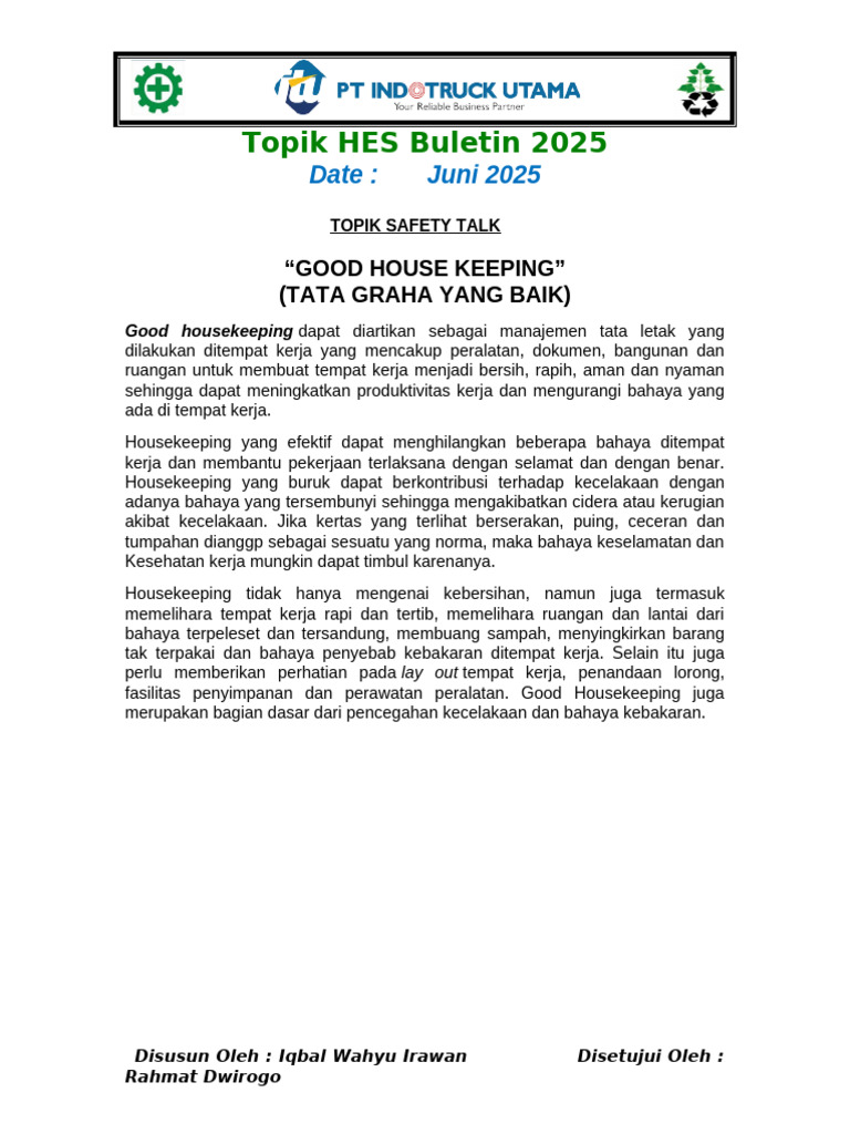 Materi Safety Talk Housekeeping Atau Tata Graha Yang Baik | PDF