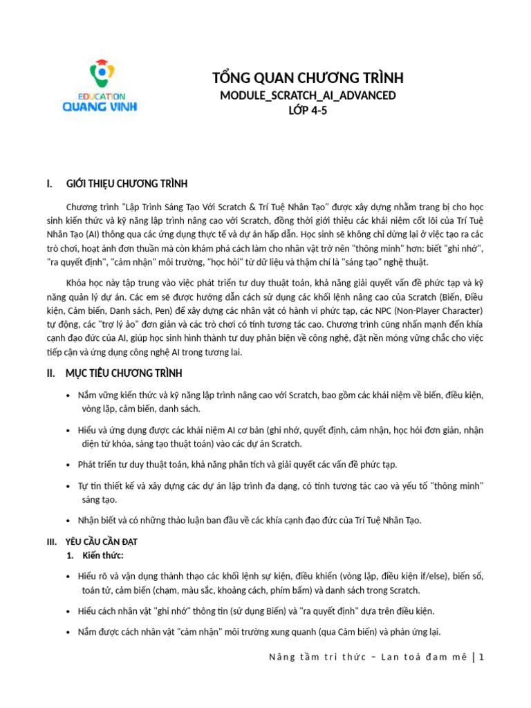 T NG Quan Chương Trình: Module - Scratch - Ai - Advanced L P 4-5 | PDF