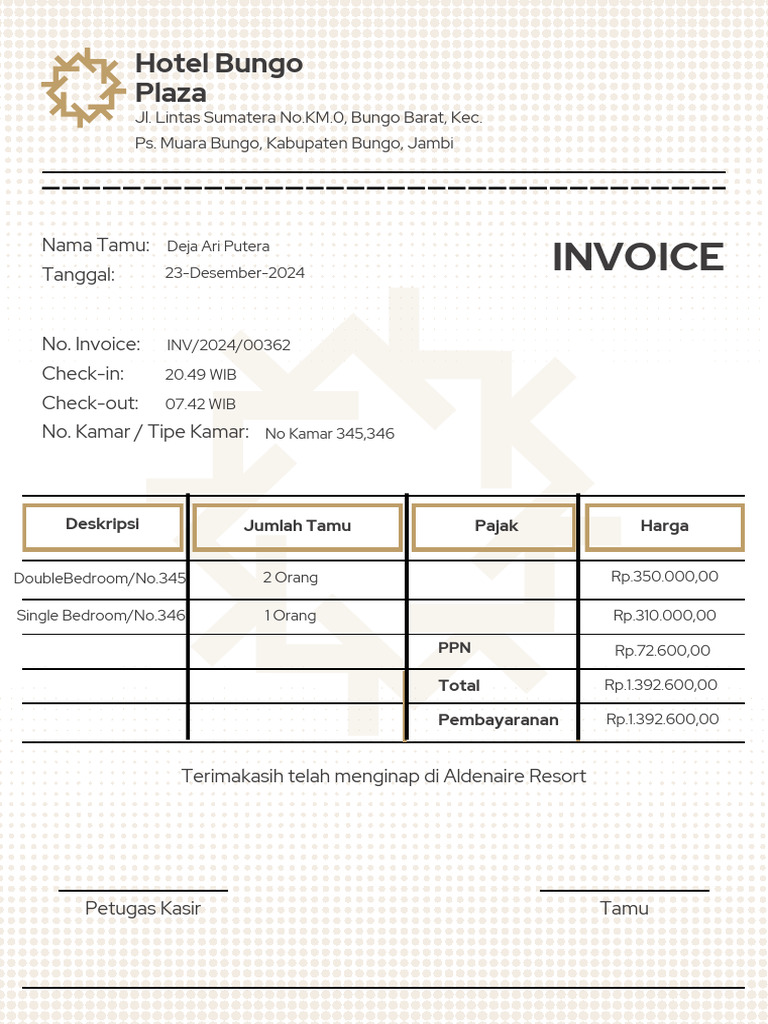 Invoice Hotel Bungo Kincai | PDF