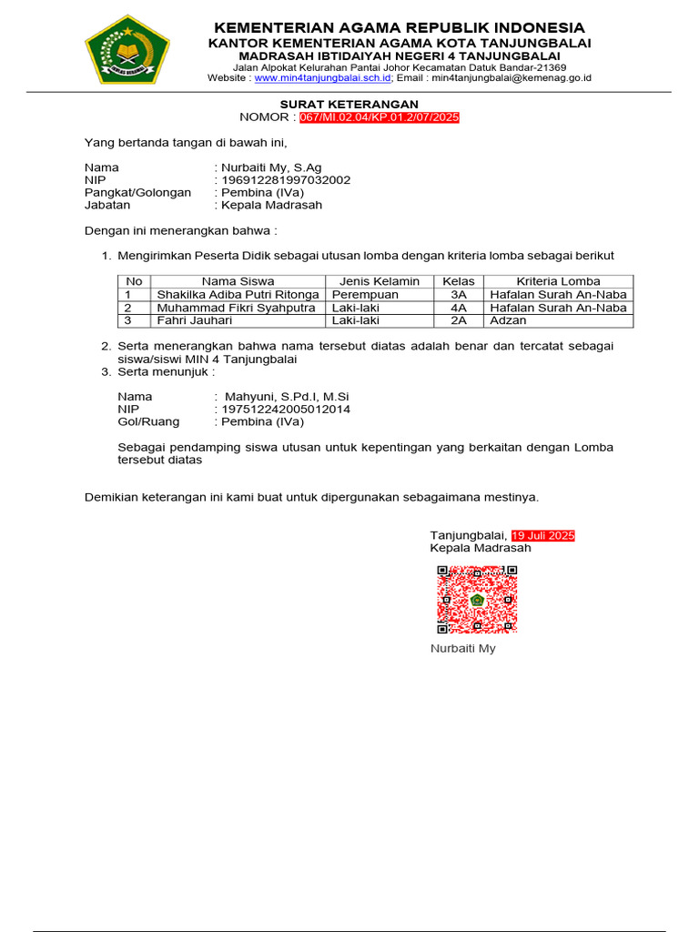 Surat Keterangan Utusan Lomba Siswa | PDF