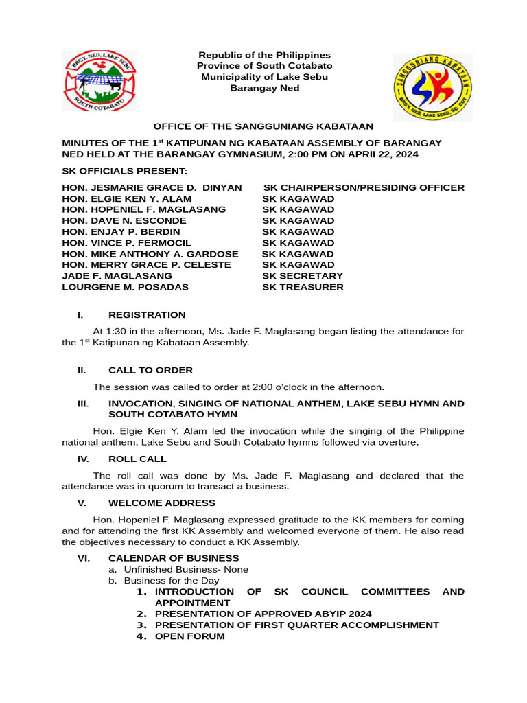 1st KK Assembly Minutes Edited | PDF