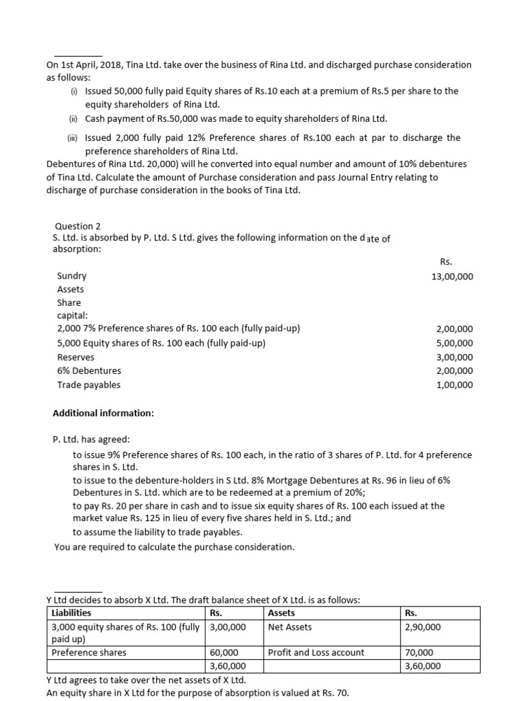 Purchase Consideration Calculations for Business Absorption | PDF ...