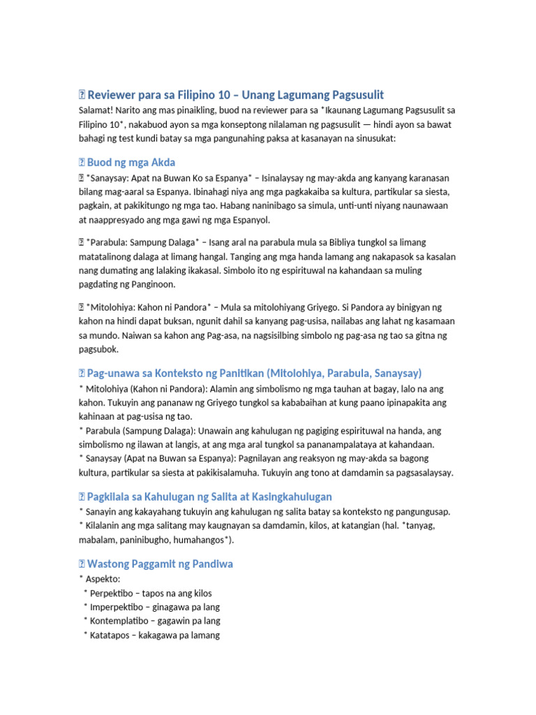 Filipino10 Reviewer BuodLagumang | PDF