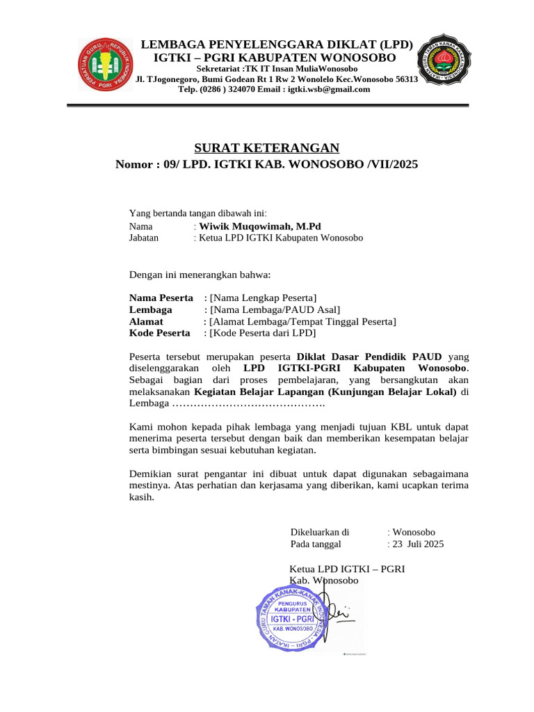 Surat Keterangan KBL Diksar 2025 | PDF