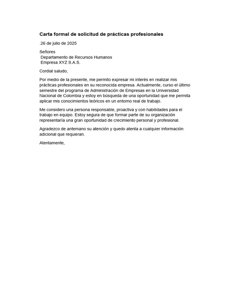 Carta Formal de Solicitud de Prácticas Profesionales | PDF