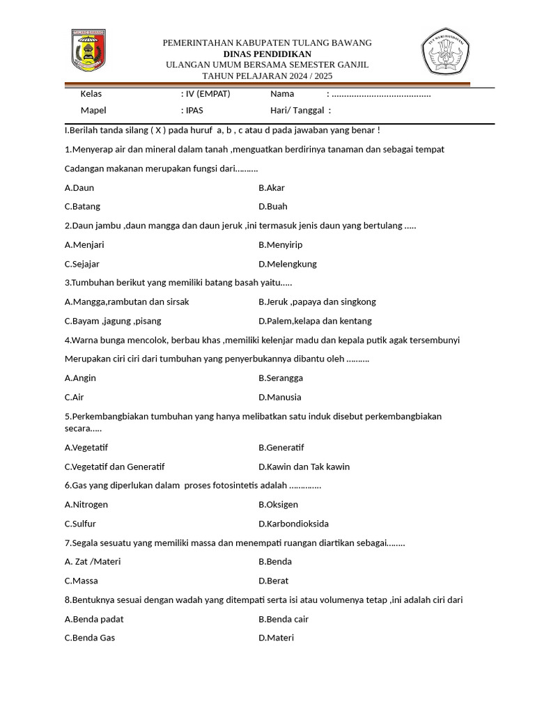 Ulangan Umum Kelas IV Mapel IPAS 2024 | PDF