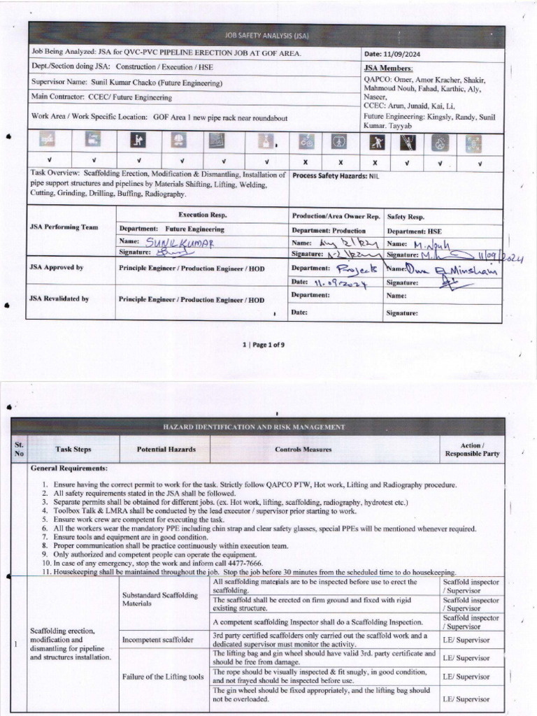 FE JSA for Pipeline Erection in GOF Area 1 | PDF