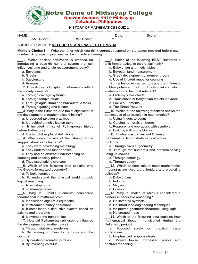 History of Mathematics Quiz 1 | PDF | Mathematics | Geometry