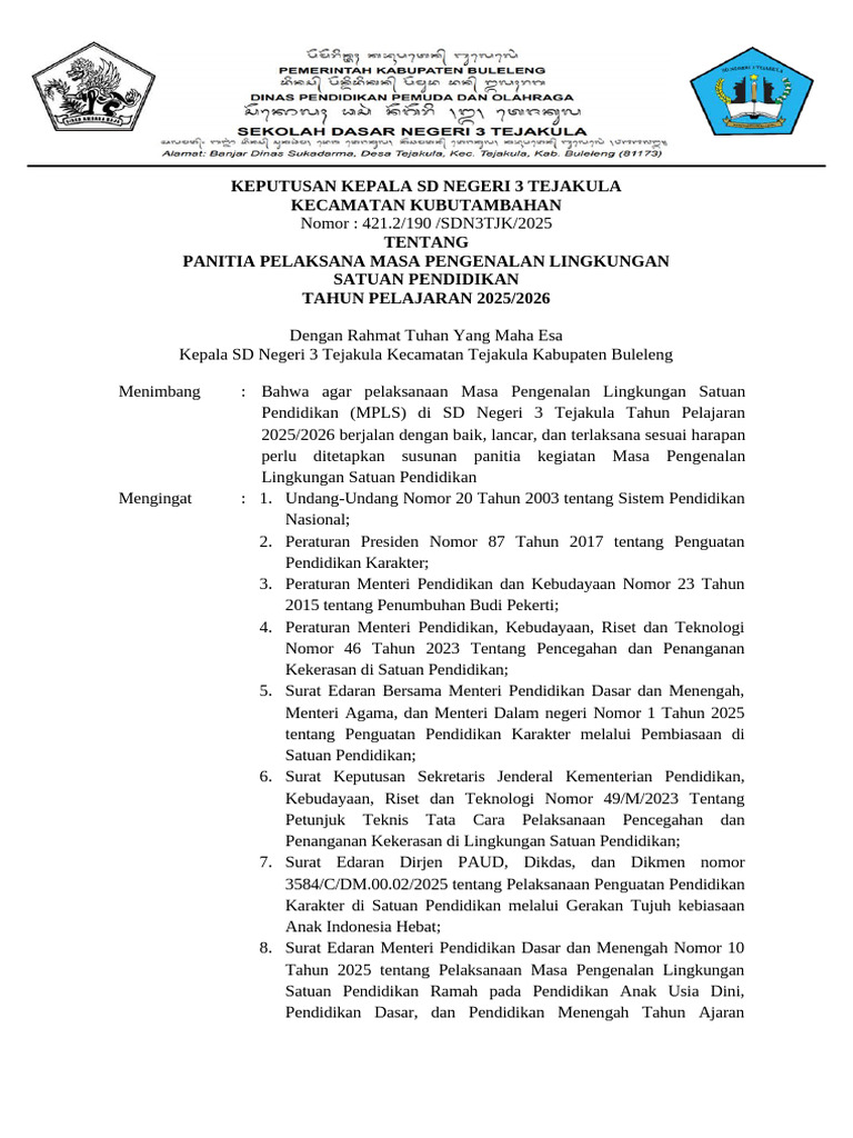 SK Panitia MPLS SDN 3 TEJAKULA | PDF