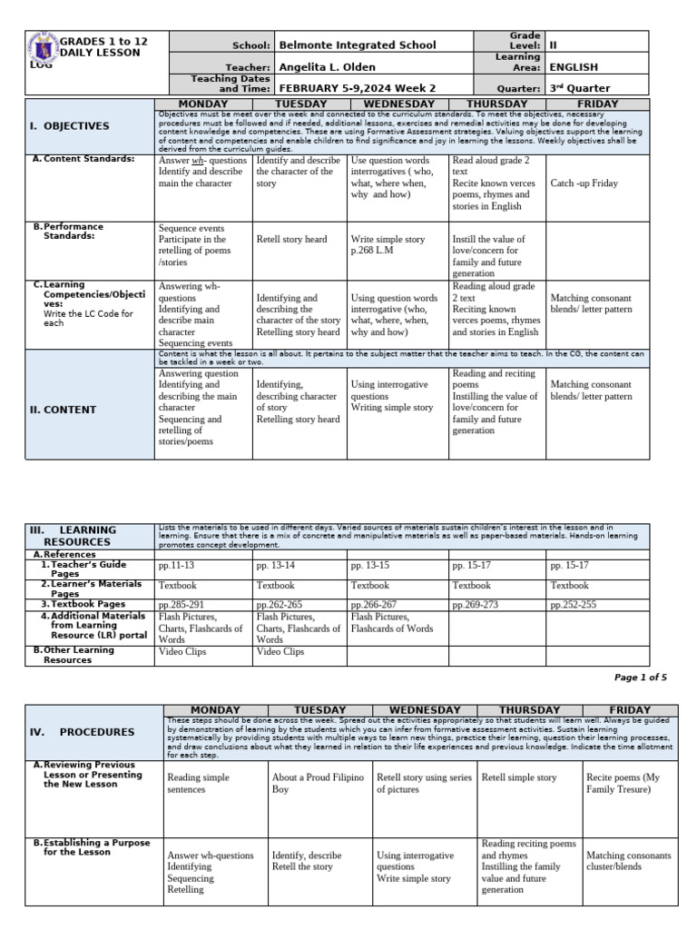 Grade 2 English Lesson Plan Overview | PDF | Learning | Question