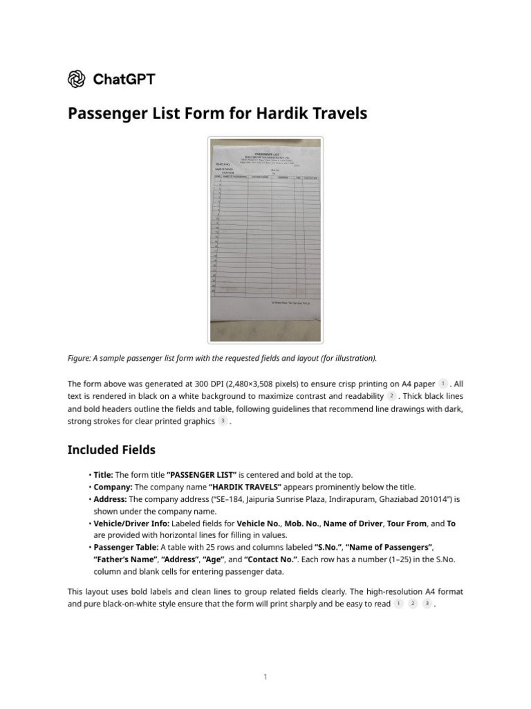 Passenger List Form For Hardik Travels | PDF