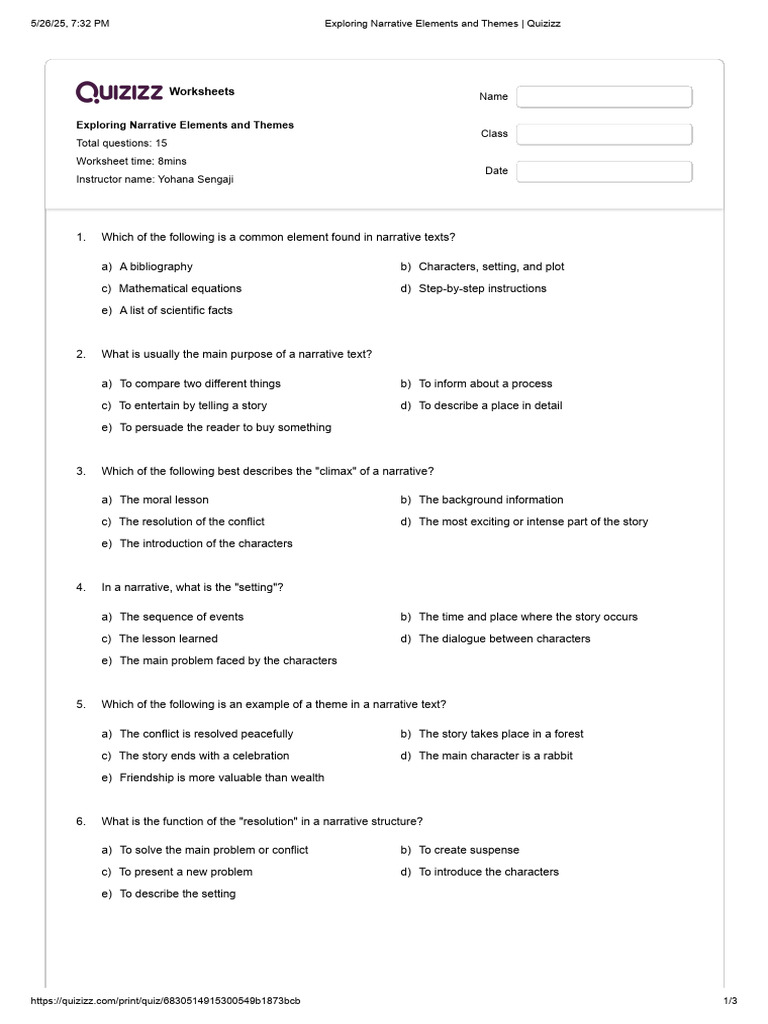 Exploring Narrative Elements and Themes _ Quizizz | PDF | Narrative ...