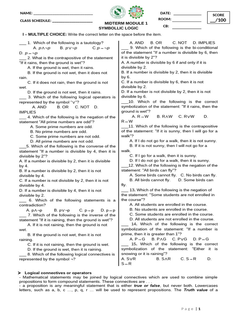 Midterm - Module 1 Summarized Symbolic Logic | PDF | Proposition | Mathematics