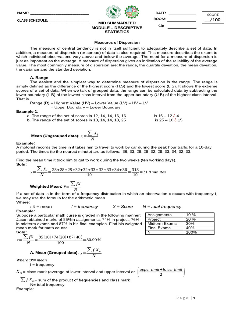 Midterm - Module 2 Summarized Descriptive Statistics - Measures of ...