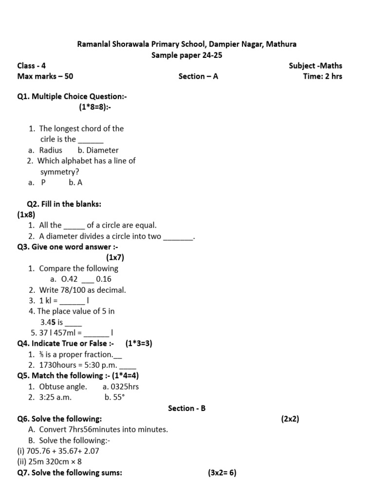 Sample Paper Maths 4 | PDF