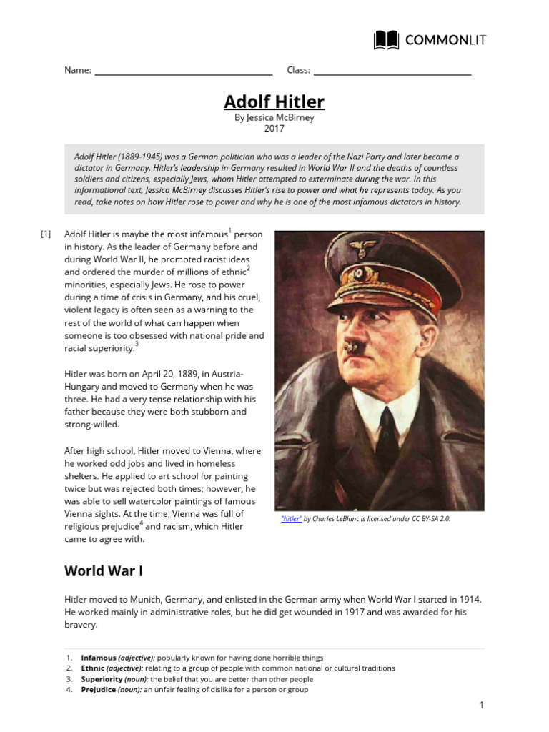 Commonlit Adolf-Hitler Student | PDF | Nazi Germany | Adolf Hitler