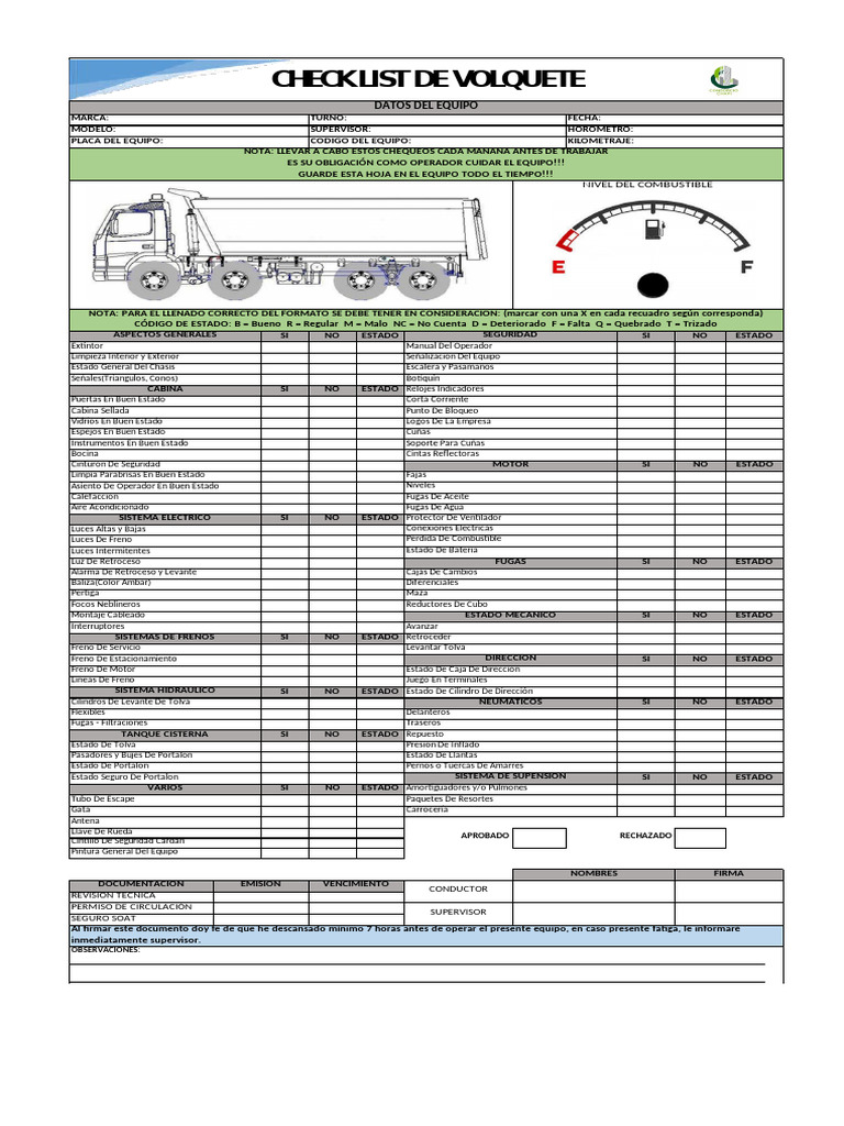 Check List - Volquete | PDF | Tecnologías automotrices | Vehículo de motor