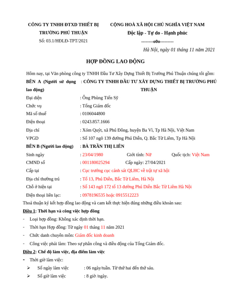 3.1 HĐLĐ Chính TH C - Liên GDKD | PDF