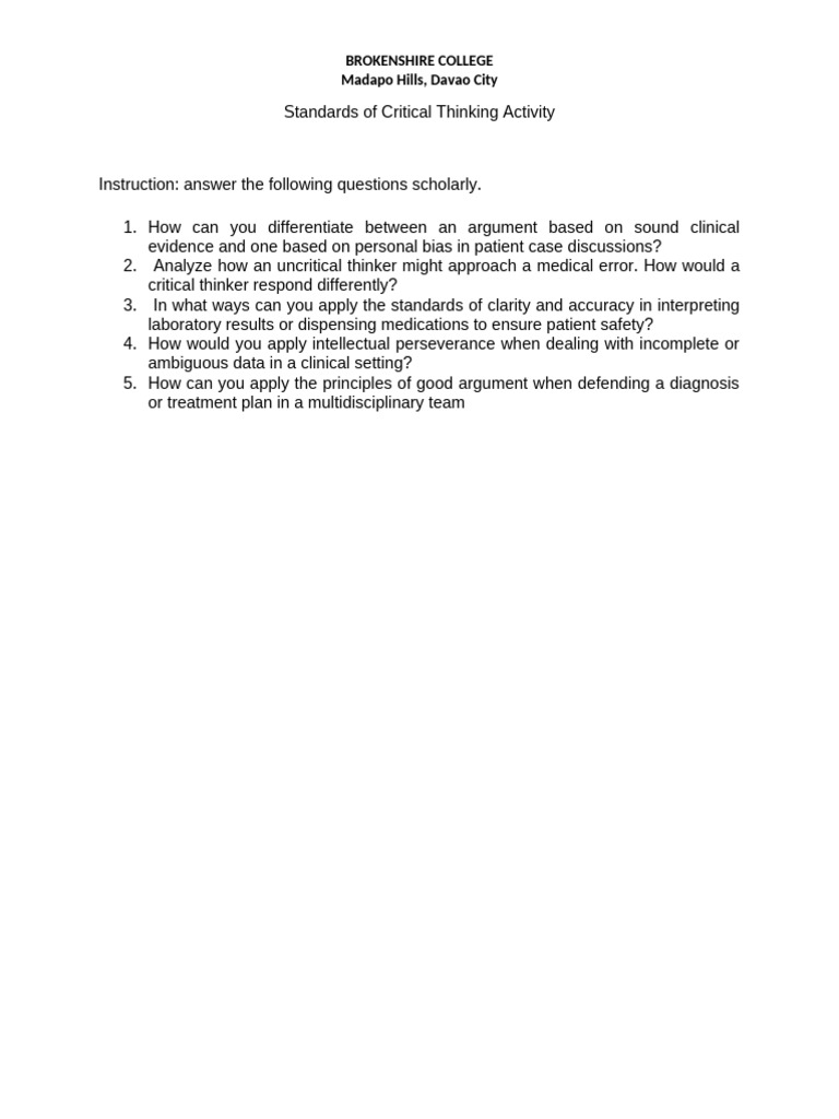 Standads of Critical Thinking Activity | PDF