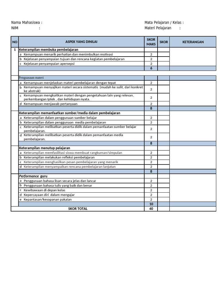 Form Penilaian Microteaching | PDF