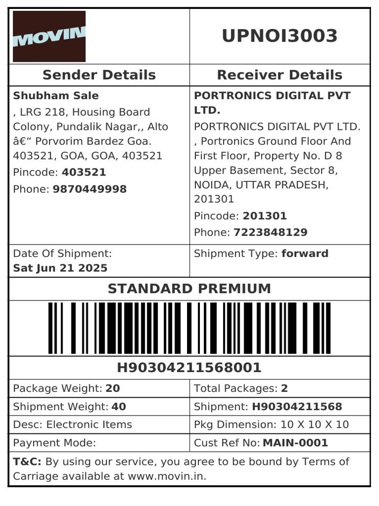 Shipping Label H90304211568 | PDF