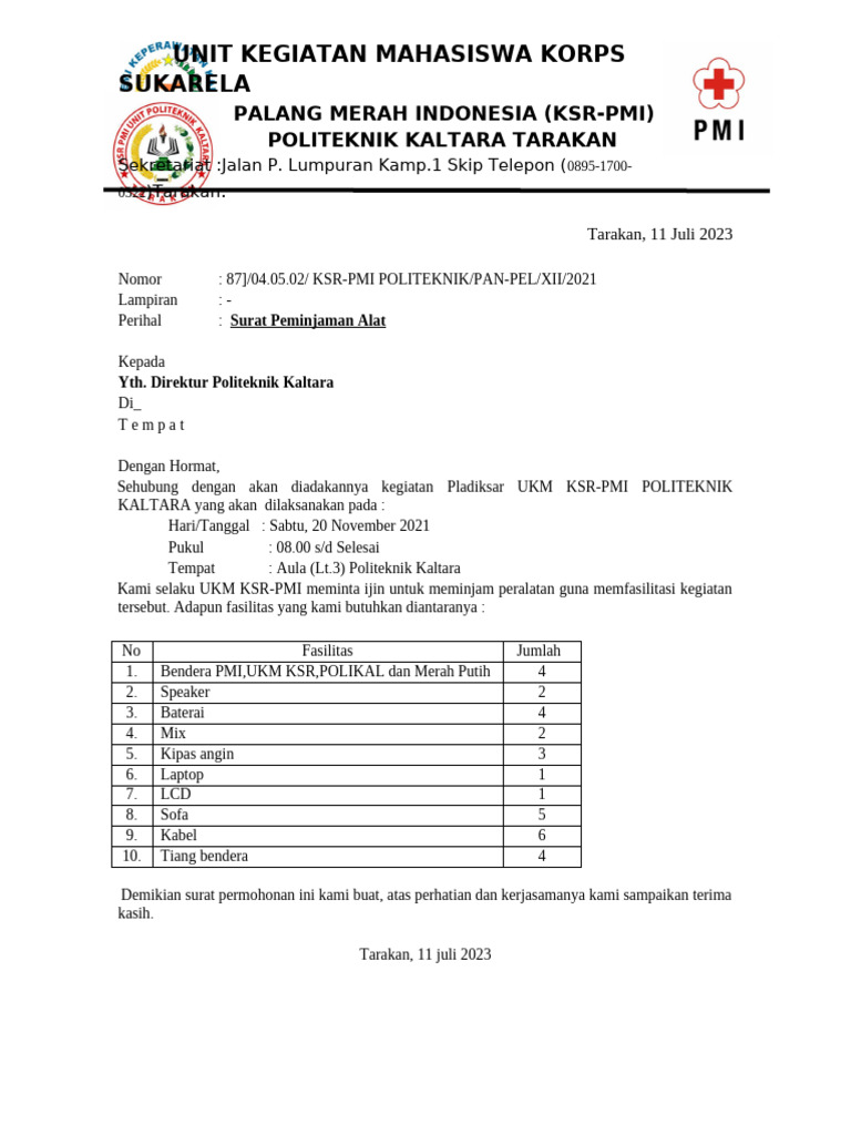 Permohonan Peminjaman Alat KSR-PMI | PDF