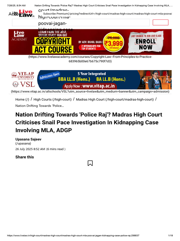 Nation Drifting Towards 'Police Raj' - Madras High Court Criticises ...