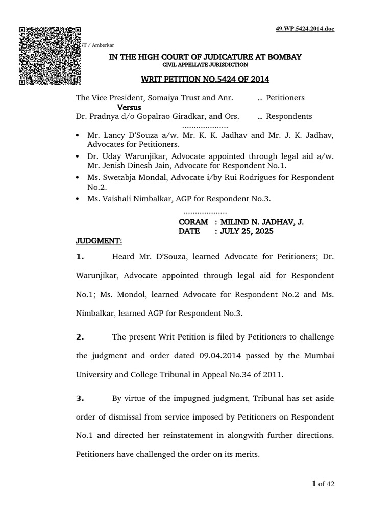 The Vice President, Somaiya Trust and Anr Vs Dr. Pradnya Gopalrao ...