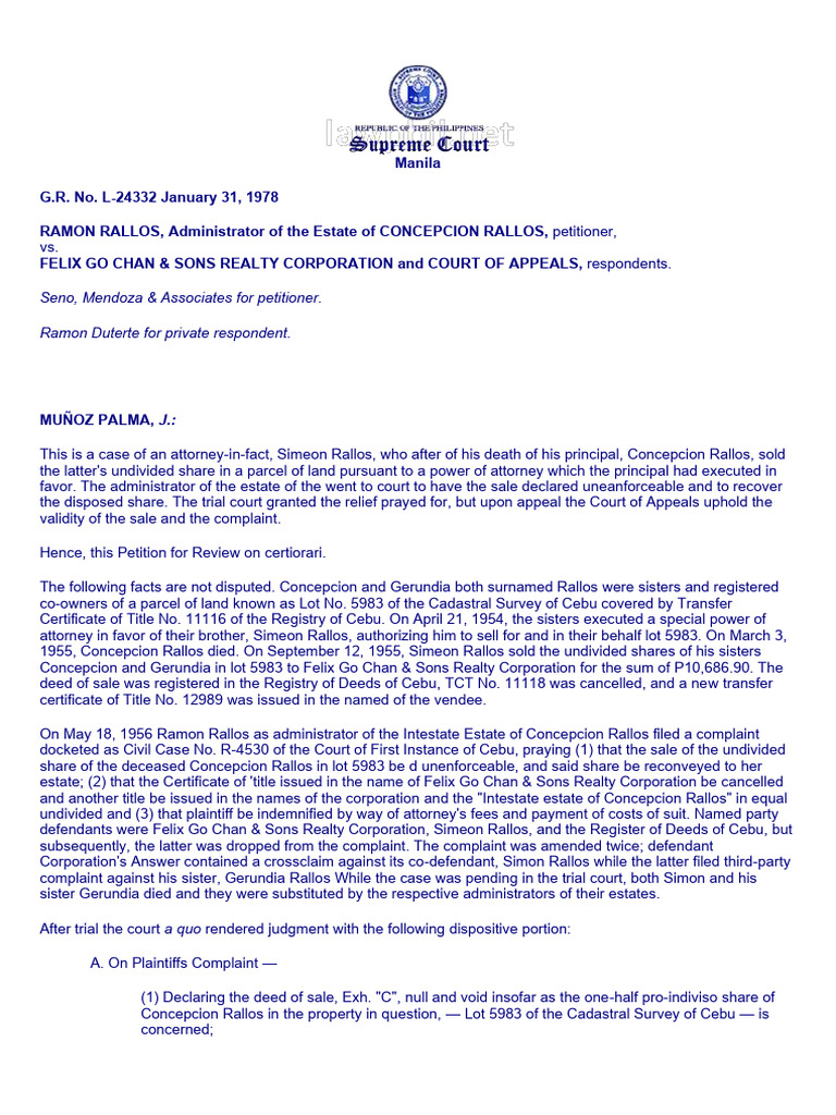 Rallos v. Felix Go Chan & Sons Realty Corp., 81 SCRA 251 (1978) | PDF ...