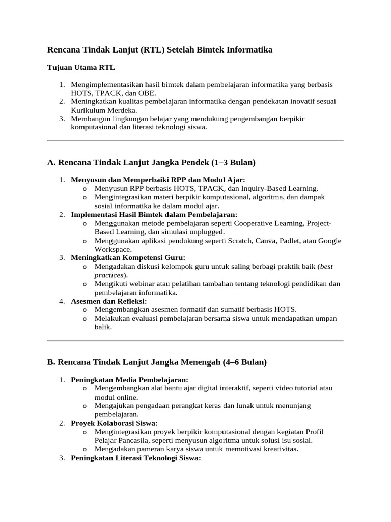 Rencana Tindak Lanjut (RTL) Setelah Bimtek Informatika | PDF