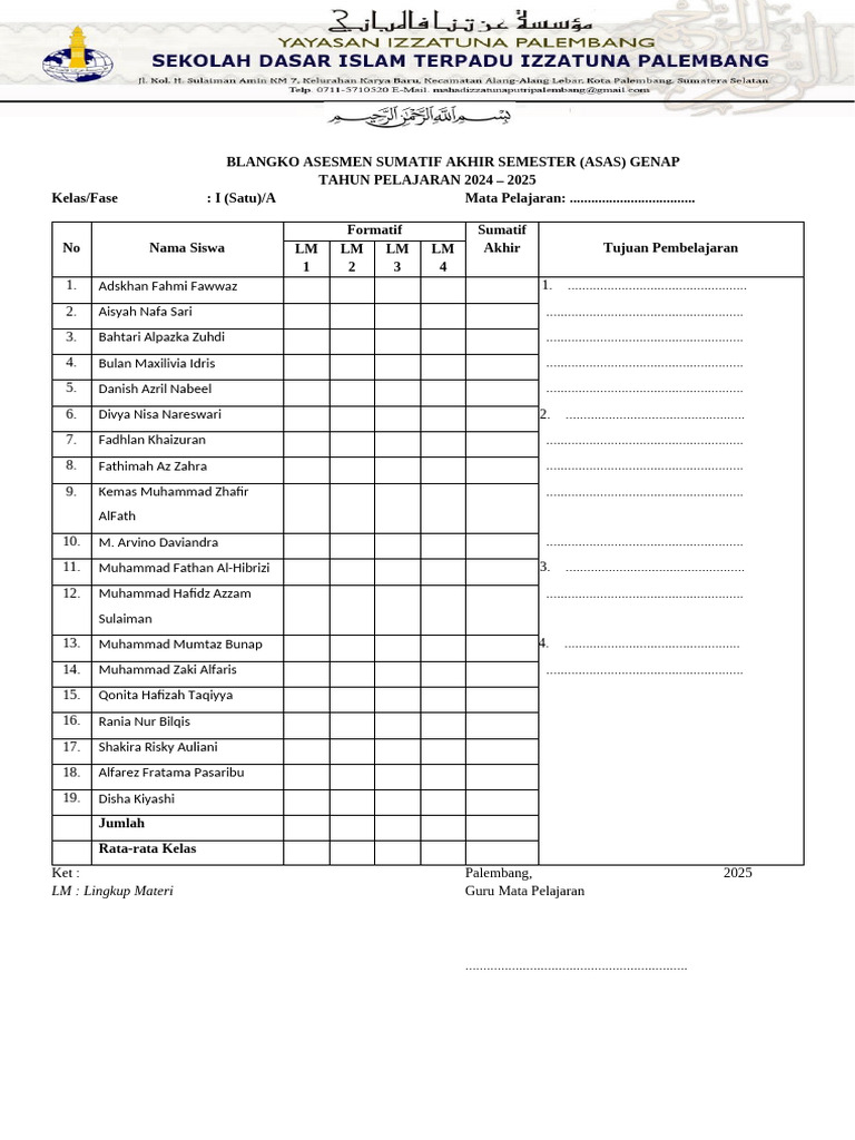 Blangko Asesmen PAS (Kelas 1) | PDF