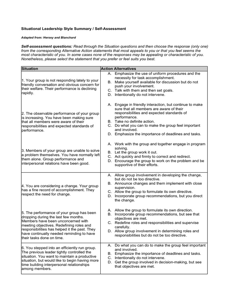 Situational Leadership Style - Self Assessment | PDF | Leadership ...