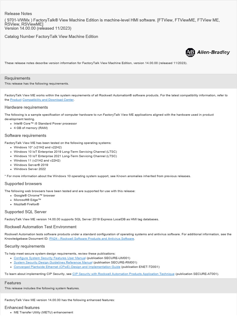 FactoryTalk View ME Version 14 Release Notes | PDF | Microsoft Windows ...