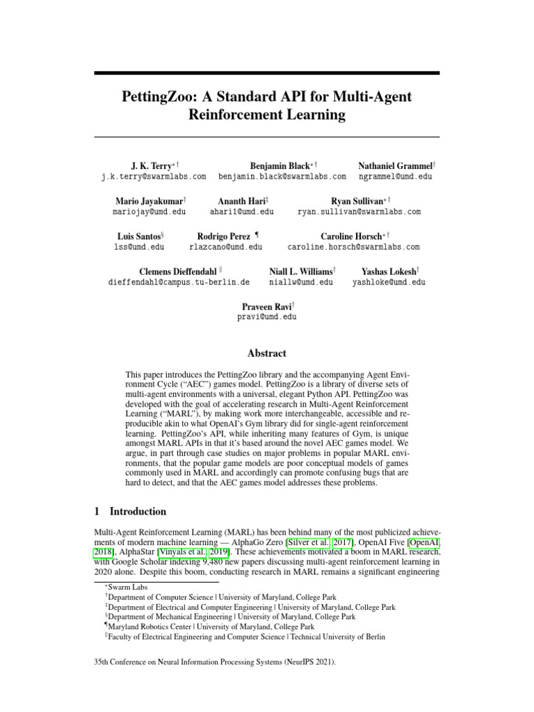 NeurIPS 2021 Pettingzoo Gym For Multi Agent Reinforcement Learning ...