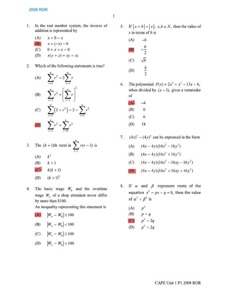 CAPE Pure Mathematics U1 P1 2008 - 2022 Solutions-Compressed | PDF